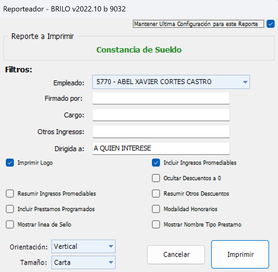 Constancia de Sueldo - Brilo ERP Docs